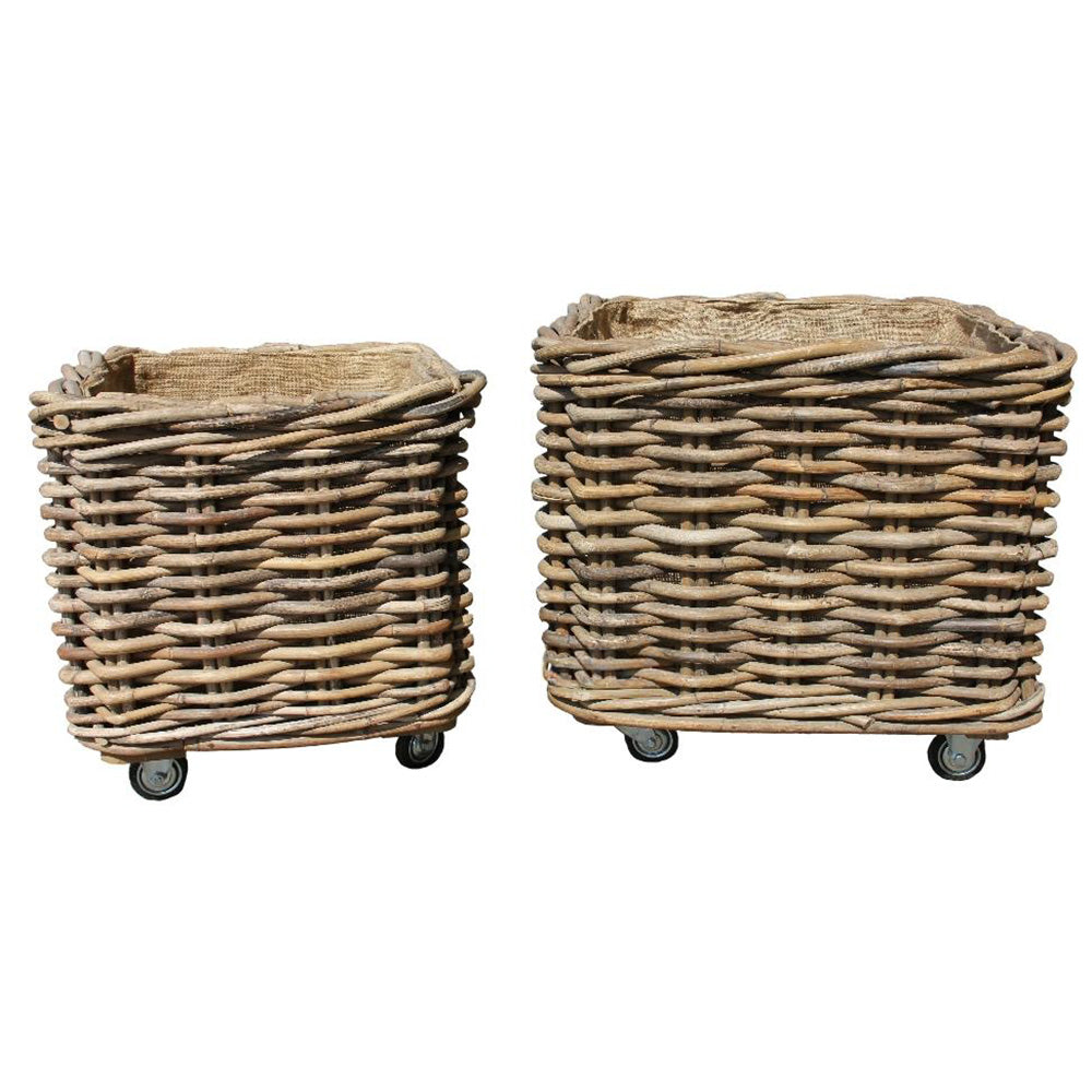 Set of 2 Square Log Baskets with Wheels & Removable Hessian Liner ...